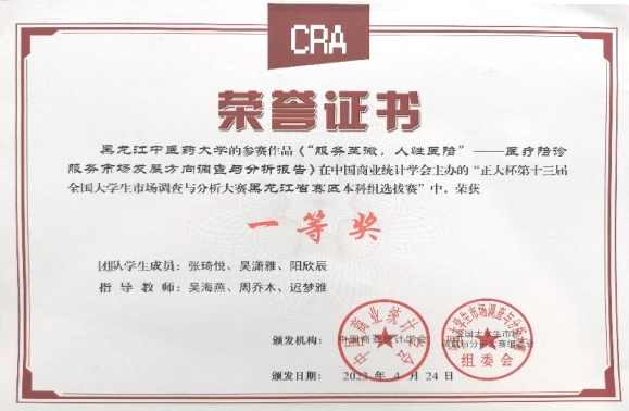我校学生在教育部a类学科竞赛“全国大学生市场调查与分析大赛”省赛中荣获一等奖 黑龙江中医药大学